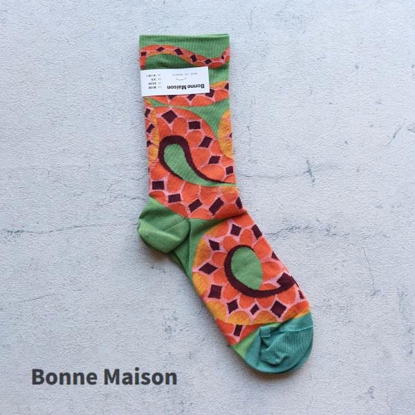 Bonne Maison　ボンヌメゾン クルーソックス 2026SS 靴下 フランス製　レディース 36/38(22-24cm)EV801鮮やかなオレンジとグリーンのコントラストが印象的な、レトロアートのような一足。 大きく描かれたモチーフ...