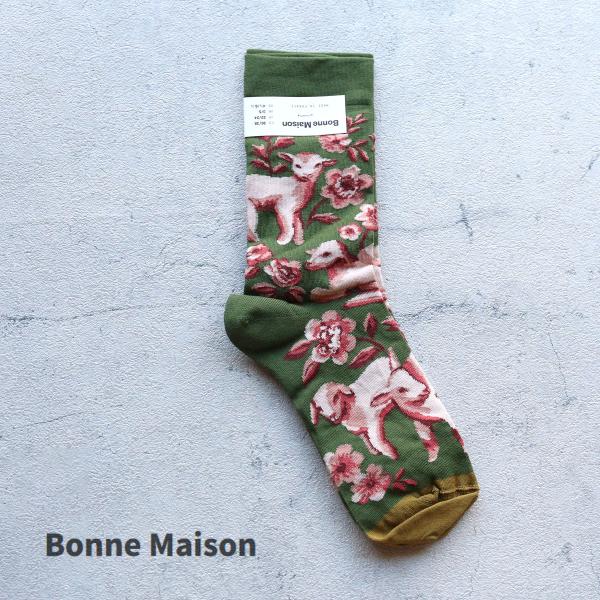 Bonne Maison　ボンヌメゾン クルーソックス 2026SS 靴下 フランス製　レディース 36/38(22-24cm)PT101深みのあるグリーンをベースに、やさしい表情の子羊とクラシカルな花柄を散りばめたデザイン。ピンクやボルド...
