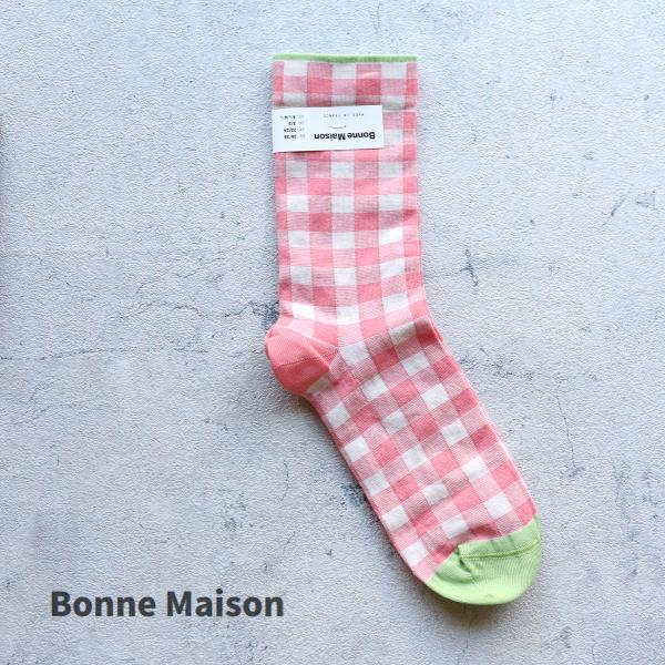 Bonne Maison　ボンヌメゾン クルーソックス 2026SS 靴下 フランス製　レディース 36/38(22-24cm)PT701わらかなピンクのギンガムチェックが目を引く、愛らしいデザイン。どこかレトロでフレンチシックな雰囲気が漂...