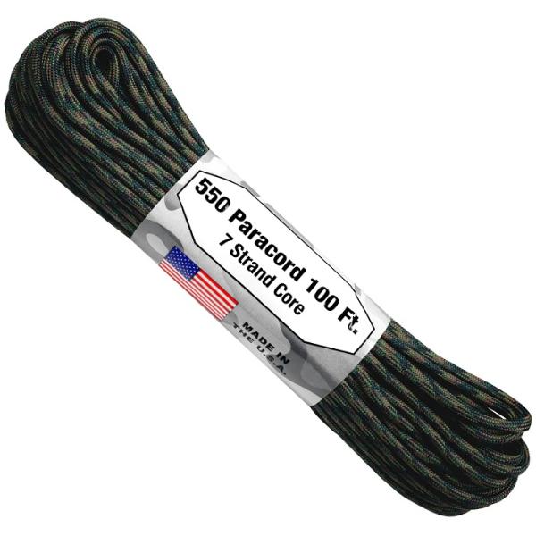 丈夫 高品質 アトウッド ロープ/ATWOOD ROPE MFG  ウッドランド カモ 7Strand パラシュートコード/パラコード 30M 耐加重250Kg 　キャンプなどに