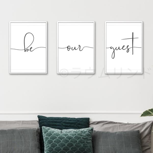 モノクロ、手書き文字がシンプルなポスター「be」「our」「guest」の３枚セットです。サイズ：21×30cm　（おおよそA4サイズくらいです）素材：防水キャンバス素材発送について：折れ曲がらないように発送いたします。注意事項：※フレーム...