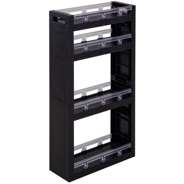 サイズ：W17×D45×H90(cm)材　質【本体】ポリプロピレン【落下防止バー】スチロール重　量：2,880gカラー：ブラック高さ調節が出来るので背の高い物から低い物まで幅広く収納出来て便利です。棚の柵が外側へ倒せるので収納した物をスムー...