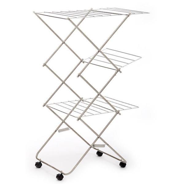 材質：ステンレス鋼サイズ（使用時）57×75×H122cm（収納時）57×81×H10cm重量： 4.3kgイメージ画像は（大）使ったものです。本製品（小）は使用時の高さは122cmです。【セールスポイント】足元に組み込まれたスプリングの作...