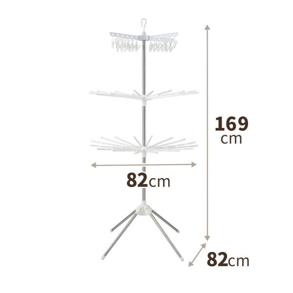 最大外寸（約）幅82×奥行82×高さ169cm収納時（約）幅16×奥行16×高さ201cm干せる量の目安（約）フェイスタオル32枚、靴下12枚全体耐荷重（約）10kg材　質【本体】ステンレス巻きスチールパイプ、ステンレスパイプ【樹脂部品】ポ...