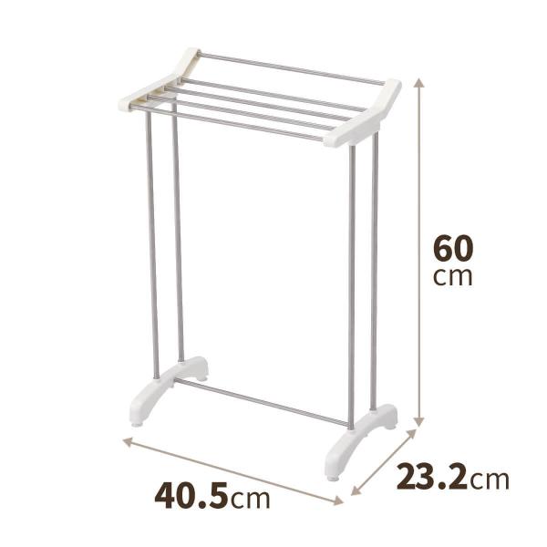最大外寸（約）幅40.5×奥行23.2×高さ60cm干せる量の目安（約）フェイスタオルが5枚全体耐荷重（約）5kg材　質【本体】ステンレスパイプ【樹脂部品】ABS樹脂【金属部品】スチール（メッキ）、ステンレス備　考　お客様組立品（工具不要）...