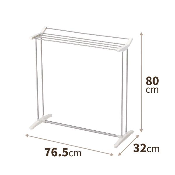 最大外寸（約）幅76.5×奥行32×高さ80cm干せる量の目安（約）大判バスタオルの場合5枚、フェイスタオルの場合10枚全体耐荷重（約）5kg材　質【本体】ステンレス巻きスチールパイプ、ステンレスパイプ【樹脂部品】ABS樹脂【金属部品】スチ...