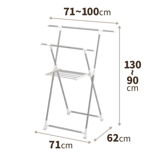 最大外寸（約）幅71〜100×奥行62×高さ90〜130cm収納時（約）幅71×奥行15×高さ96cm干せる量の目安（約）シャツ類が18枚、フェイスタオルが5枚全体耐荷重（約）10kg材　質【本体】ステンレス巻きスチールパイプ、ステンレスパ...