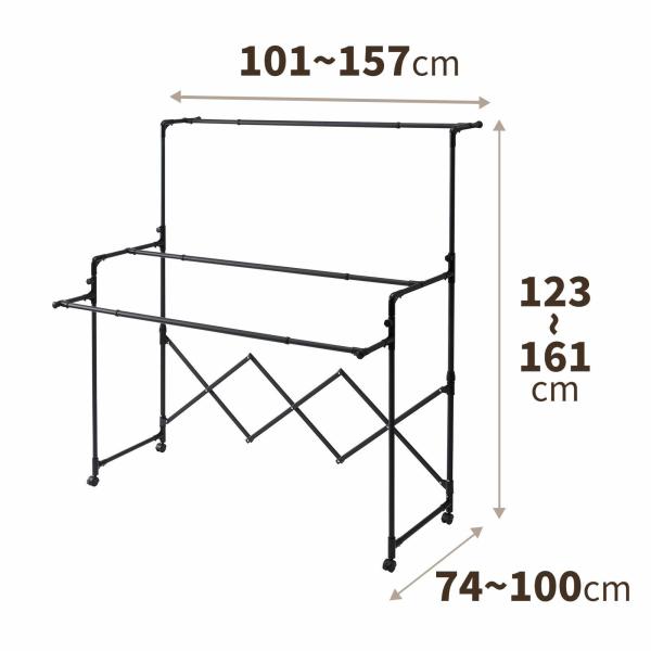 カラー：マットブラック最大外寸（約）幅101〜157×奥行74〜100×高さ123〜161cm折りたたみサイズ（約）幅52×奥行8×高さ123cm製品重量（約）4.89kg全体耐荷重（約）18kg（※）※ 竿：1本あたり 6kg材　質【本体...