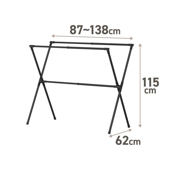サイズ（約）【外寸】幅87〜138×奥行62×高さ115cm【折りたたみ時】幅87×奥行5×高さ127cm全体耐荷重（約）10kg材　質【本体】スチールパイプ粉体塗装 【樹脂部品】ABS樹脂、ポリプロピレン、ポリエチレン 【金属部分】スチー...