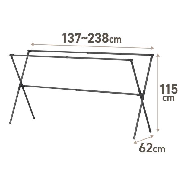 サイズ（約）【外寸】幅137〜238×奥行62×高さ115cm【折りたたみ時】幅137×奥行5×高さ127cm全体耐荷重（約）20kg材　質【本体】スチールパイプ粉体塗装 【樹脂部品】ABS樹脂、ポリプロピレン、ポリエチレン 【金属部分】ス...