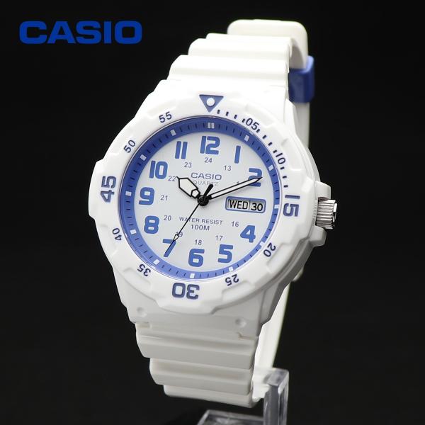 ■CASIO（カシオ）MRW-200HC-7B2…ホワイト（白色）ブルー（青色）※紫がかった青 アラビアインデックス スタンダード アナログ表示 デイデイト（曜日・日付カレンダー）男性用腕時計回転ベゼルが付いたおしゃれなダイバーズデザイン ...