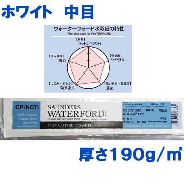 イギリスの代表的な高級水彩紙として永年愛用されてきました。コットン１００％の原料を用い、あらゆる技法に耐えうる表面強度を持った紙です。厚さ：190g寸法：560×760mmホワイト　中目　10枚組