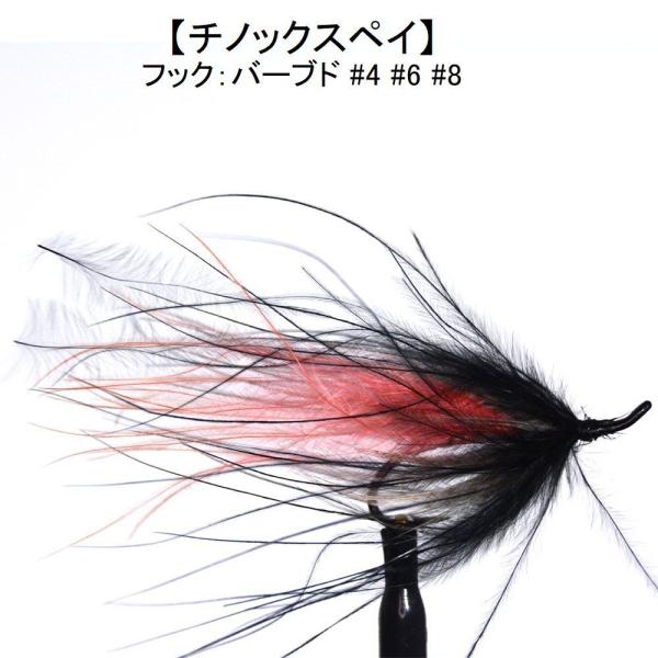 パターン名：サーモンフライタイプ：サーモン用ウエットフライ主な使い方：水面下で使う大型フライイメージ：小魚　稚魚対応フック：バーブド（返しあり）サイズ #4 #6 #8一言：サケ釣り/大型トラウト/サーモンフライ/本流の大型とても実績が高い...