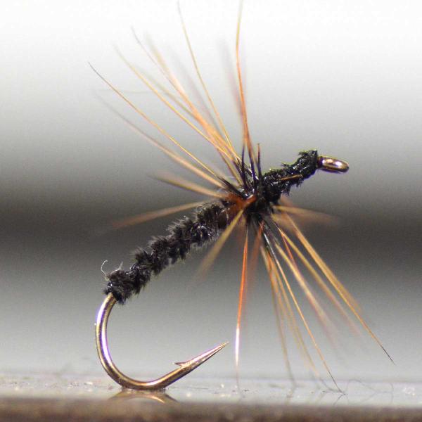 テンカラ毛鉤 黒ボディ×茶ハックル縦巻き（#10〜#16）黒の強いシルエットに茶ハックルのコントラストが際立つ、視認性とアピール力を両立した一本。黒ボディが魚の注意を引き、茶ハックルの動きが生命感を演出。逆光やローライトでも存在感を発揮する...