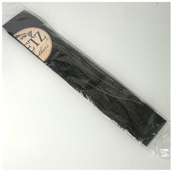 Metzのサドルグレード2 ルースターケープ ハックルフェザー（グリーングリズリーハーフ）です。グリーングリズリーは、ブラックをベースにグリーンの縞が入った配色で、視認性とナチュラルさを併せ持つ定番カラーです。単色にはないコントラストがあり...