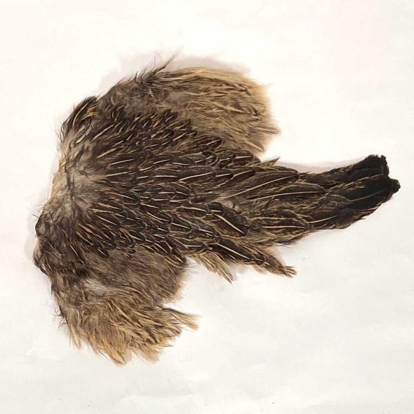 雌鶏（Hen）から採取された、ソフトハックル用途に適したナチュラルスキンです。コックハックルに比べてファイバーが柔らかく、水中で自然に開く特性を持つため、ソフトハックルフライやウェットフライの素材として古くから用いられています。本品は背中か...