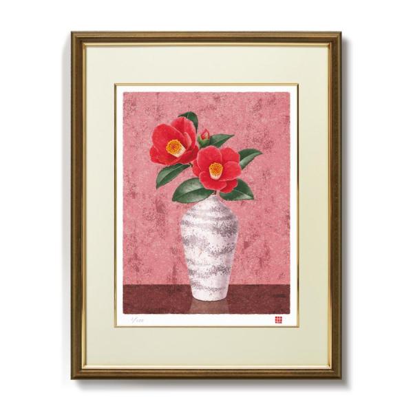 絵画 版画 花 花の絵 一輪挿し 椿 つばき ツバキ 壁掛け 和風 おしゃれ 玄関 リビング インテリア に シンプルモダンの アート作家：藤谷壮仁郎作品名：輪挿しと椿作品サイズ：192×255ｍｍ額縁外寸：312×404ｍｍ　額縁：主要素...
