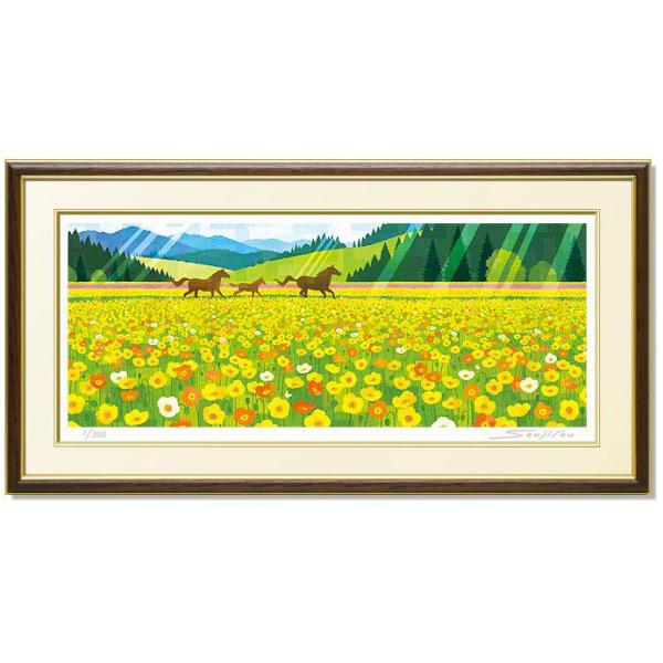 作家：藤谷壮仁郎作品名：光輝く花畑作品サイズ：500×195ｍｍ額縁外寸：620×320ｍｍ　横長額縁：主要素材アルミ製 表面アクリル仕様技法：ジークレー版画付属：ひも・壁掛け用フック重量：1.7kg限定数：300枚