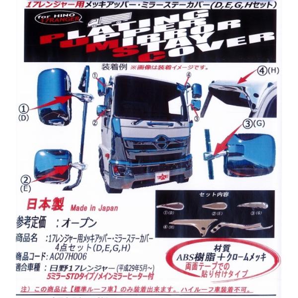 ■日野中型:17’レンジャー　平成29年5月〜●4点セット●かぶせタイプ(両面テープ付き)※STD(ヒーター)ミラー用※標準ルーフ/ハイルーフ共用※※ハイルーフ車は装着不可となっていますが、　　助手席側の上部根元カバーを取り付ける際に、　　...