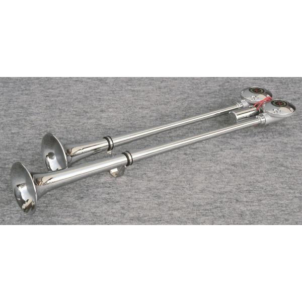 スーパーロングトランペットが生む圧倒的な存在感と低音域和音。 バトルボディは省エアー設計のハイスペック。※12/24V を選択してください品番:BS480-24●24v2A●低音●クローム●商品サイズ　L=680mm●ニップル、ステー付品番...