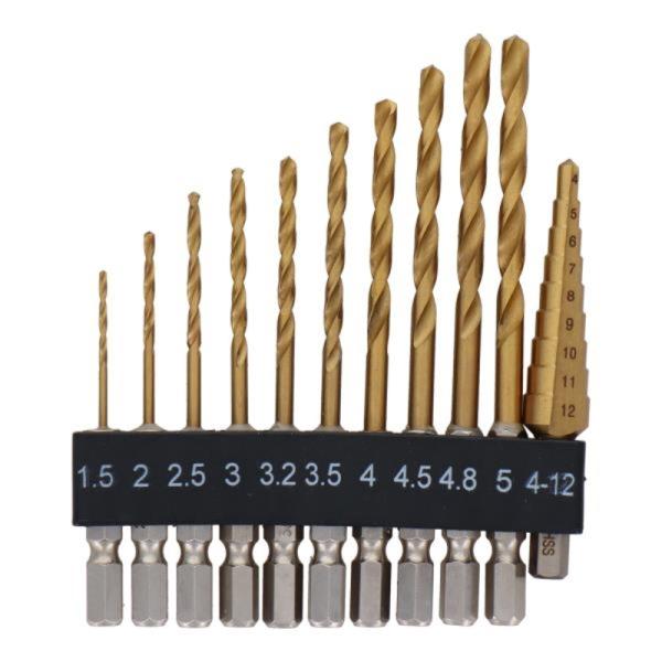 6角軸のチタンコーティングドリルとステップドリルのセット【セット内容】●六角軸チタンコートドリル：1.5/2.0/2.5/3.0/3.2/3.5/4.0/4.5/4.8/5.0mm●六角軸ステップドリル9段：4.0/5.0/6.0/7.0/...