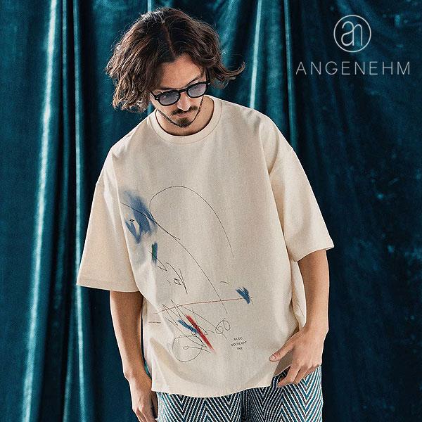 ANGENEHM アンゲネームアーティスティックなプリントデザインのT-shirtです。手書きで制作したプリントデザイン。素材 : 綿-100%サイズ/着丈/身幅/肩幅/袖丈/S/71cm/67cm/57cm/24cm/M/74cm/70c...
