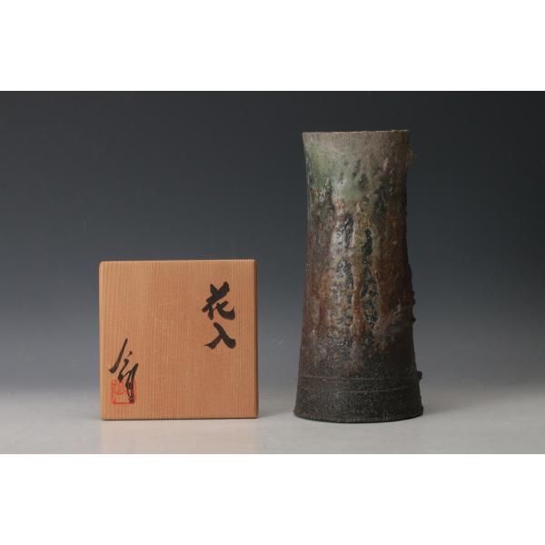 竹内公明 灰釉花器 共箱 共布 栞 本物保証