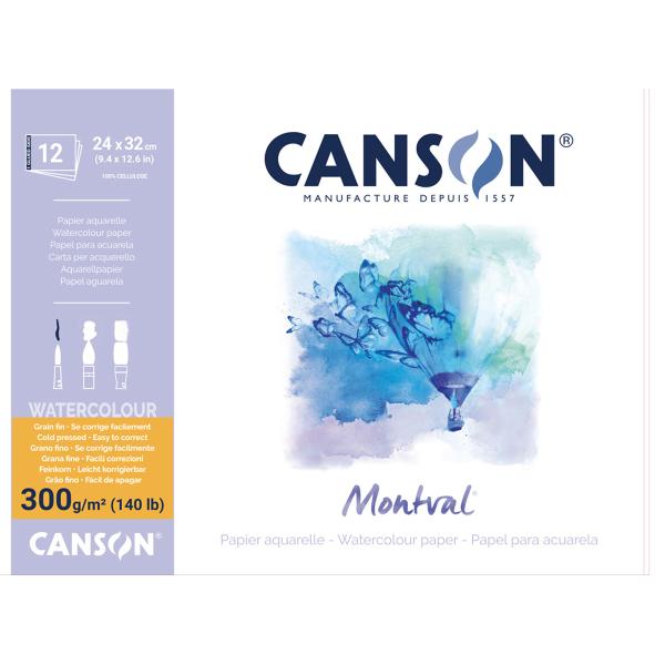 Cansonモンバル水彩紙 300g/m2 12枚綴240×320mm中目 パルプ100％ 中性紙製本：天のりパッドモンバル水彩紙は中性で水に強く、ナチュラルホワイトで発色が非常に良い、描画後も波打ちが少ない理想の水彩紙です。抗菌処理が施し...