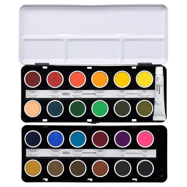 ホワイトはチューブ入り発色、水溶けともに良い固形水彩絵の具です。褪色の少ない顔料を使用しています。携帯に便利なメタルボックス入りで、ふたはパレットとして使用できます。