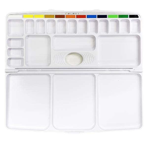 サイズ：257×229×厚さ10mm二つ折り時：257×120×厚さ20mm重量：約166gカラーシール付き。絵の具がなじみやすく混色しやすいプラズマ特殊加工。仕切りが深い絵の具ポケットで子供でも使いやすくなっています。