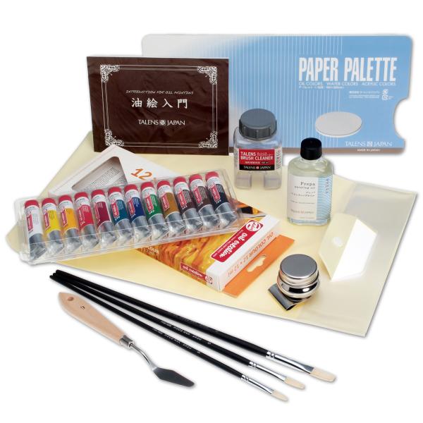 ターレンスアートクリエーション油絵の具12mL 12色セット、ペインティングオイル55mL、ブラシクリーナー100mL、ペーパーパ レット、鉄製油壷、ペインティングナイフ、筆(平4・6・10)、小冊子油絵入門、ビニール袋入り初心者でも扱いや...