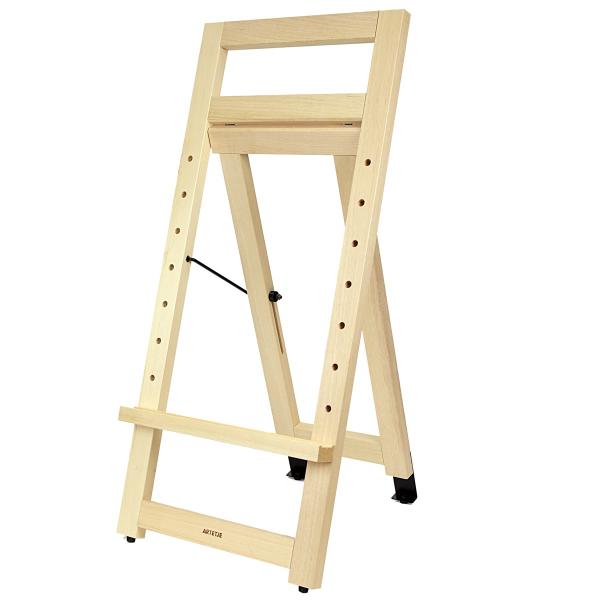 サイズ：高さ900(収納時955)mm 幅400mm 厚さ25mm重さ：約2.7kg塗装：南洋材無塗装生地仕上げ制作可能サイズ：F20号横・カルトン全判縦(受板最下部取付け時)石膏像などのモチーフを見上げるアングルでデッサンできるよう、受板...