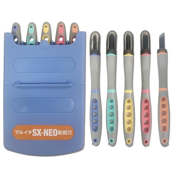 平刀7mm、切出し刀7mm、三角刀7mm、丸刀7mm、丸刀4mm柄：ABS＋エラストマー樹脂SXシリーズが安全性・携帯性・強度をプラスしてNEOとして新登場。彫刻刀の先端には、刃先をプラスチックでアーチ型に囲った「安全ガード(取り外し可能)...