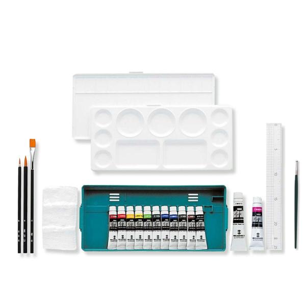 サイズ：300×138×35mm Wパレット付ポリプロピレン製ケース付属品：布巾、筆3本(ナイロン毛、再生黒軸)溝付アクリル定規、溝引棒11色セットにホワイト20ml、マゼンタ11mlがついております。入組み色(白を除く) カーマイン、バー...