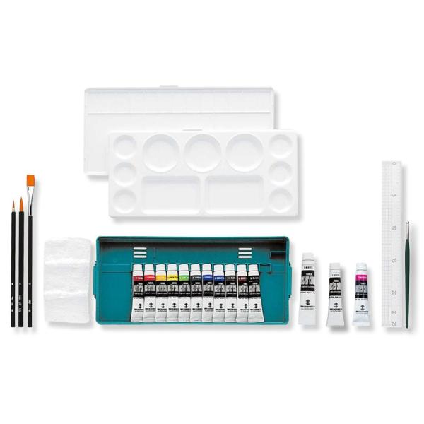 サイズ：300×138×35mm Wパレット付ポリプロピレン製ケース付属品：布巾、筆3本(ナイロン毛、再生黒軸)、溝付アクリル定規、溝引棒11色セットにホワイト20ml、ホワイト11ml、マゼンタ11mlがついております。入組み色(白を除く...