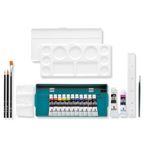 サイズ：300×138×35mm Wパレット付ポリプロピレン製ケース付属品：布巾、筆3本(天然毛、プラ軸)溝付アクリル定規、溝引棒11色セットにホワイト20ml、マゼンタ11mlがついております。入組み色(白を除く) カーマイン、バーミリオ...