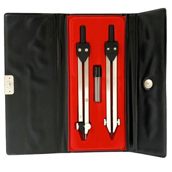 コンパス鉛筆120mm、デバイダー120mm、替芯(2mm)3本付ハードケース入りのシンプルな3点セットです。