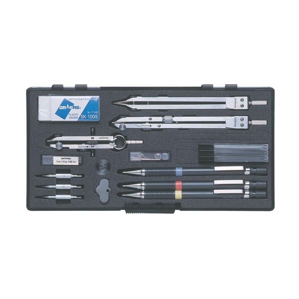 セット内容：スライド式大コンパス鉛筆、デバイダー大、スプリングコンパス鉛筆、コンパスシャープ0.3mm・0.5mm・0.7mm、シャープペンシル0.3mm・0.5mm・0.7mm(替芯付)、消しゴムSK-100S、中心器、ドライバー、コンパ...