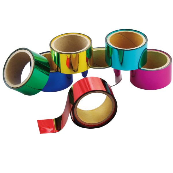 サイズ：幅25mm×10m(厚さ0.025mm)材質：PET色：金・銀・赤・桃・青・水・緑 各1巻のりなし裏面同色人気のメッキテープが7色入ったセットです。光沢のあるテープでポンポン用の素材としても最適です。運動会や発表会などの飾りつけとし...
