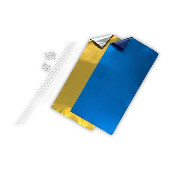 セット内容：両面アルミ箔200×400×0.1mm(青・水色/金・銀 各1枚)、ステンレスバネ線 直径0.7×420mm 4本、真鍮線 直径0.3×300mm 5本、丸輪かん 12個、接続かん 6個両面色違いのアルミ板で、動きに合わせてメタ...