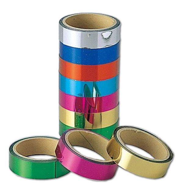 サイズ：幅18mm×8m巻き赤・青・藍・銀 各1巻緑・桃・金 各2巻光沢のあるメタル調ポリエステル製フィルムのテープです。ミラーカラー紙と組合わせて工作に使うと表現領域も広がります。接着にはスプレーのり、セロハンテープを使用して下さい。