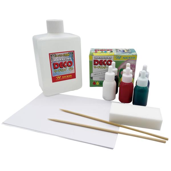 セット内容：マーブリングデコ6色セット ベーシックカラー6色(10mL)、マーブリング水溶液300mL、竹串2本、用紙はがき判6枚、コーム用スチロール、色名ラベル誰でも、簡単にできるマーブリングセットです。下準備が不要で、すぐに制作に取り掛...