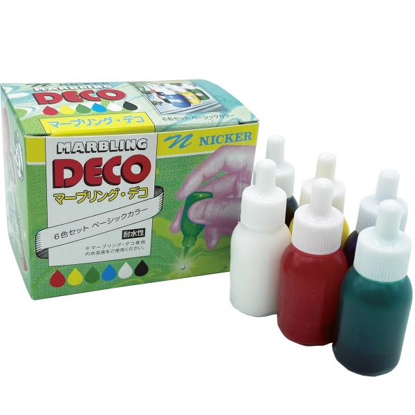 セット内容：マーブリングデコ6色(赤、青、黄、緑、白、黒) 各10mL 色名ラベル耐水性で、プラスチック・石・布にも転写できます。混色も自由自在で、カラフルな作品ができます。ブックカバー、スカーフ、石のペーパーウェイト、包装紙、ガラスコップ...