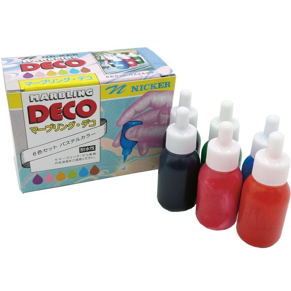 セット内容：マーブリングデコ6色(桃、水、茶、黄緑、紫、橙) 各10mL 色名ラベル耐水性で、プラスチック・石・布にも転写できます。混色も自由自在で、カラフルな作品ができます。ブックカバー、スカーフ、石のペーパーウェイト、包装紙、ガラスコッ...