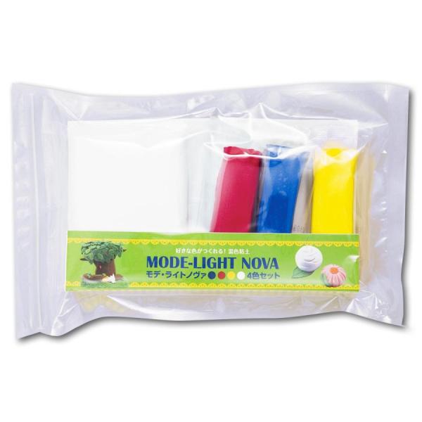 容積サイズ：(白)約100×80×23mm 約80g  (赤・黄・青)各約23×80×23mm 各約17g 簡易混色ガイド付   手に付きにくく、発色の美しい超軽量粘土の4色セットです。混色して様ーな色の粘土をつくることができます。よく使う...