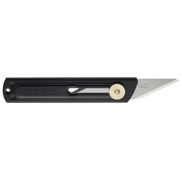 全長：135mm(刃収納時106mm)、焼付塗装金属ホルダー刃：長さ/85mm(前後両刃型)、厚さ/1mm、材質/炭素工具綱SK-2刃の長さを調節して使えるスライド式の切り出しナイフ。刃がブレード両端についていますので、切れなくなったら逆に...