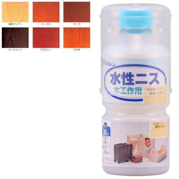 容量：300mL用途：木工作品 屋内木部(ただし床・食卓テーブル・家具など実用的な木製品を除く)塗り面積：約2m2 たたみ約1枚分乾燥時間：約1時間／20℃うすめ液：水(原液のままでも使用できます)手軽に塗れる水性塗料で、着色とニス塗りが同...