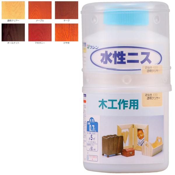 容量：700mL用途：木工作品 屋内木部(ただし床・食卓テーブル・家具など実用的な木製品を除く)塗り面積：約5m2 たたみ約3枚分乾燥時間：約1時間／20℃うすめ液：水(原液のままでも使用できます)手軽に塗れる水性塗料で、着色とニス塗りが同...