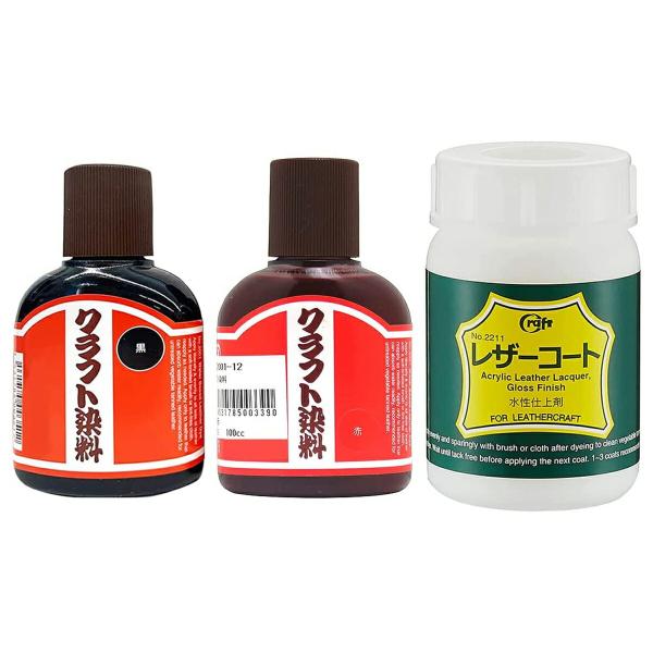 セット内容 クラフト染料 100ml 3212黒 クラフト染料 100ml 3208赤 レザーコート 100ml  人気のカラー2色と染色後の仕上げ用レザーコートをセレクトしました。  ▼クラフト染料 100ml 黒・赤 各1点 染めつきが...