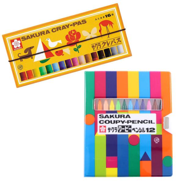 サクラクレパスおなじみのクレパス、クーピーをセットにしました。お絵かき教室の道具として、また画材の買い替えや贈り物にもおススメです。◆クレパス 太巻 16色 紙箱入り ゴム付きケースサイズ：高さ19×90×198mm重量：208g◆クーピー...